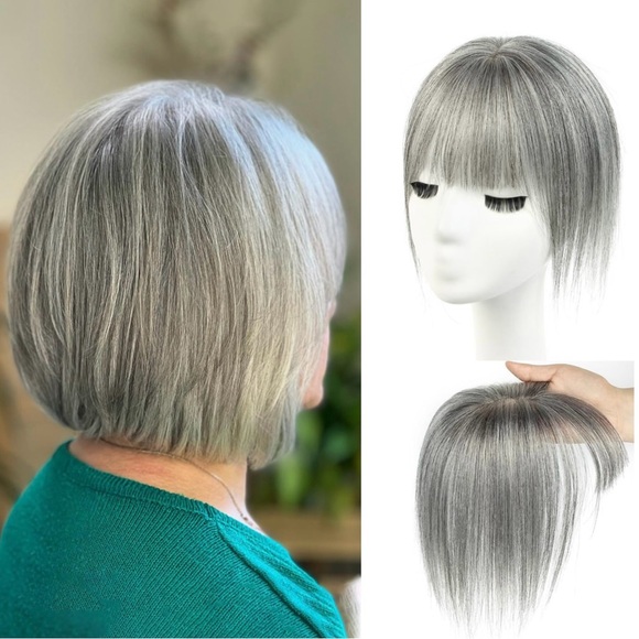 Feipro | Hair | Real Human Hair Topper Gray Inch With Bangs Clip In ...